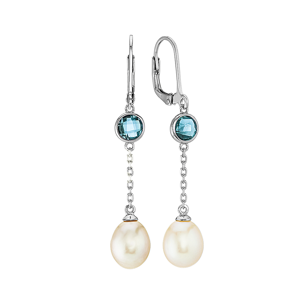 7.5mm Freshwater Cultured Pearl and Blue Topaz Dangle Earrings | Shane Co.