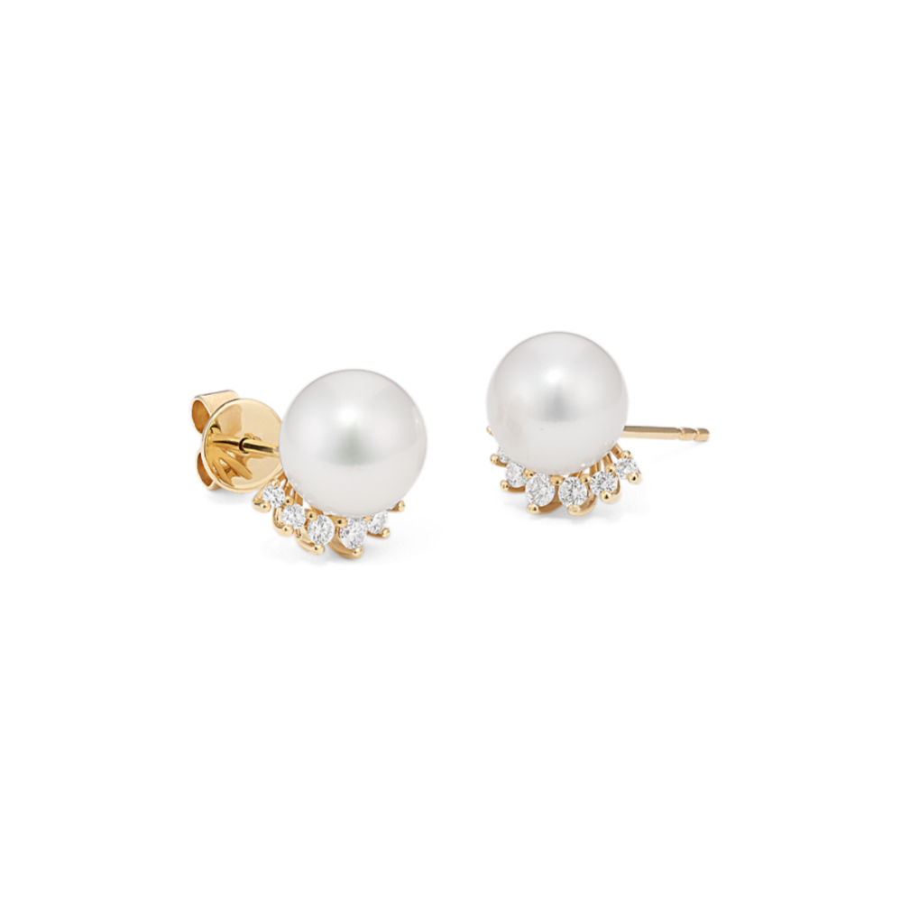 Half Halo Cultured Freshwater Pearl Earrings White Yellow Gold