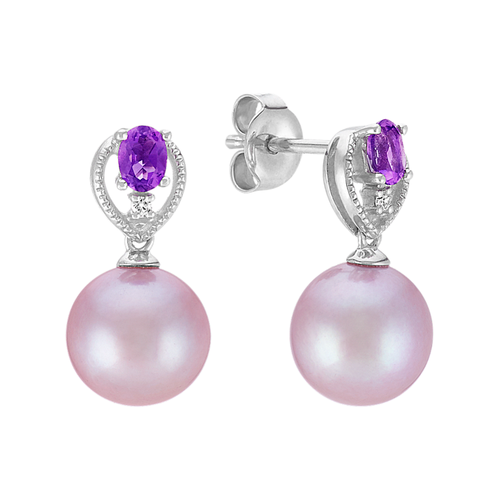 Lavender Freshwater Cultured Pearl and Oval Amethyst Earrings | Shane Co.