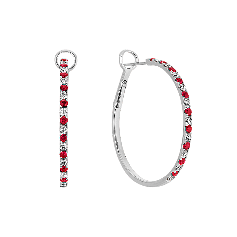 Round Ruby Hoop Earrings in 14k White Gold | Shane Co.