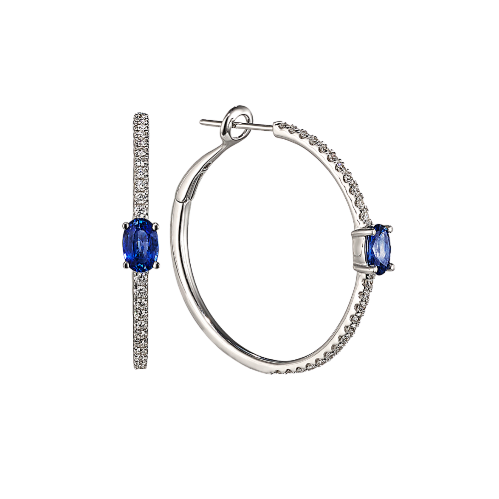 Traditional Blue Sapphire and Diamond Hoop Earrings in 18K White Gold ...