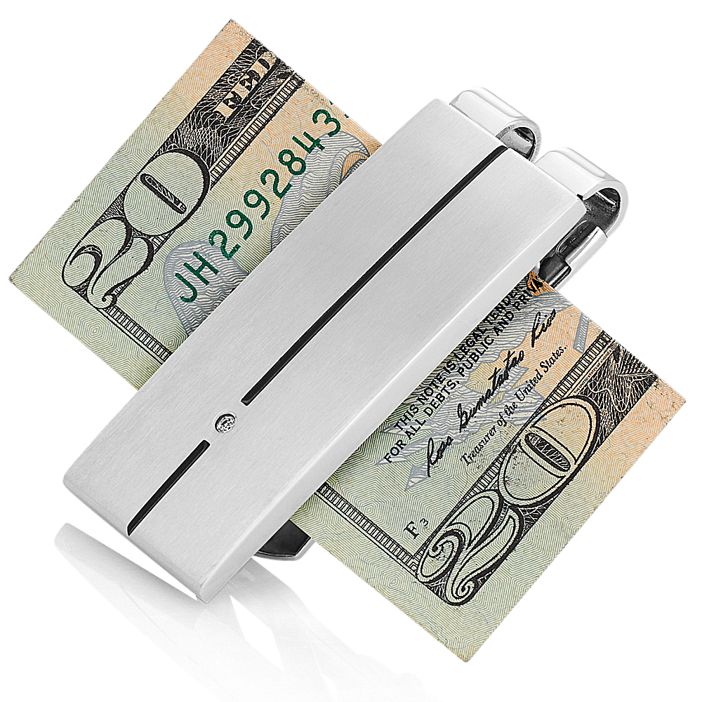 Stainless Steel and Round Diamond Money Clip with Black Enamel Accent ...
