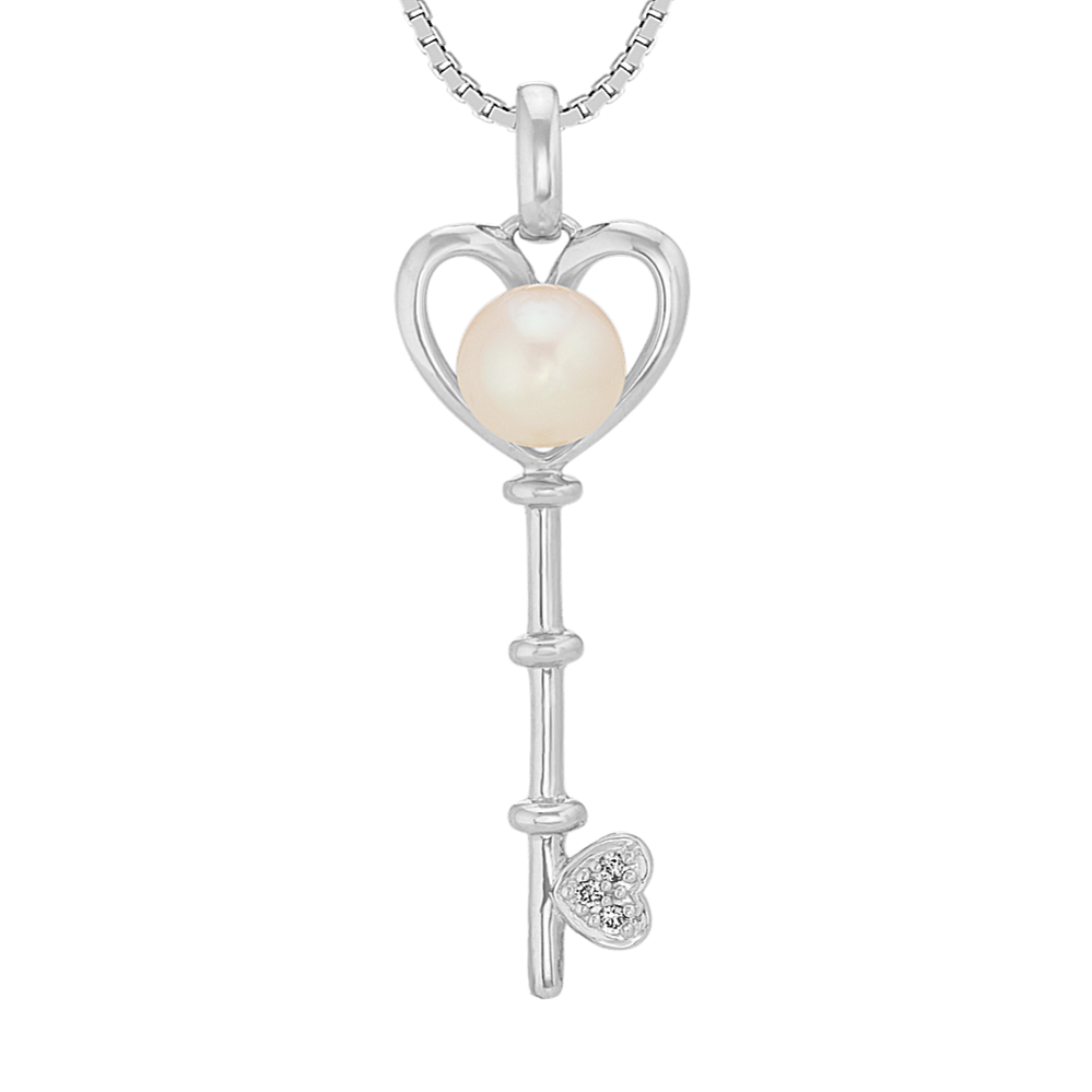 5mm Freshwater Cultured Pearl & Diamond Key Pendant (20in) | Shane Co.