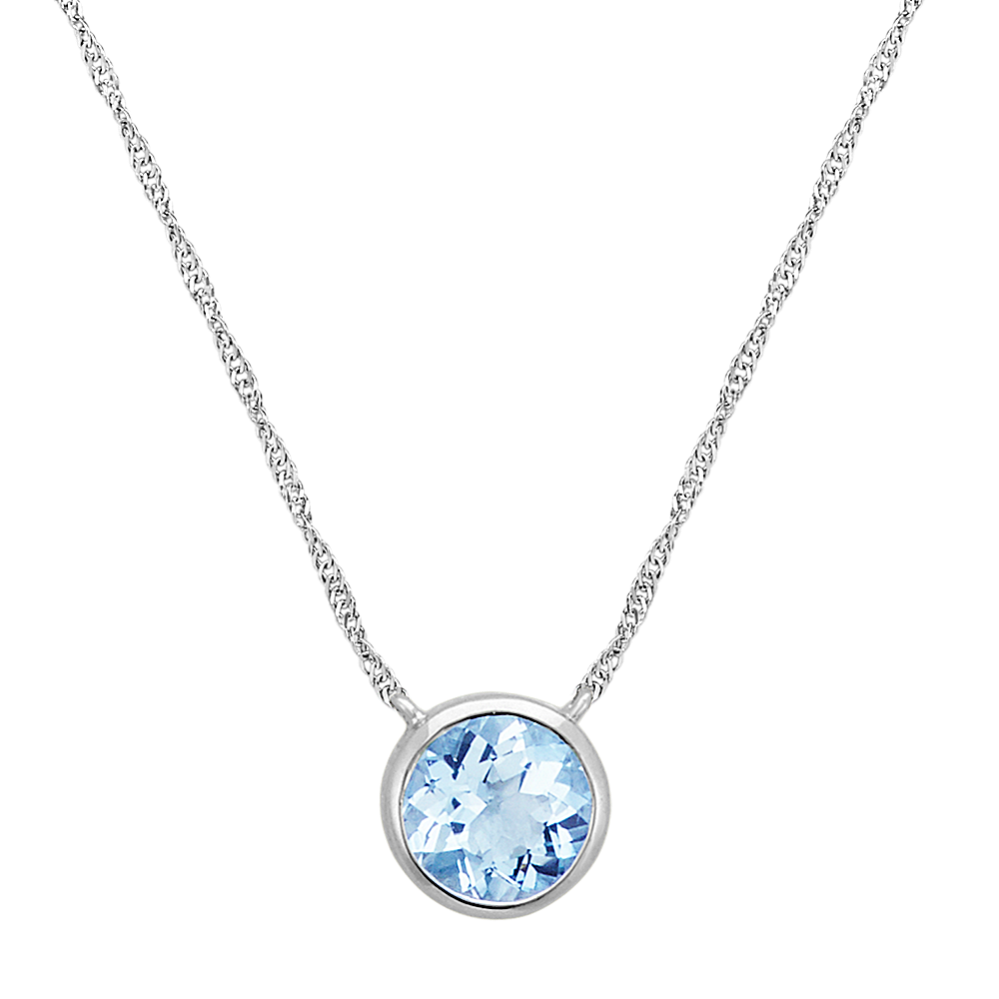 Bezel Set Round Aquamarine Necklace in 14k White Gold 18