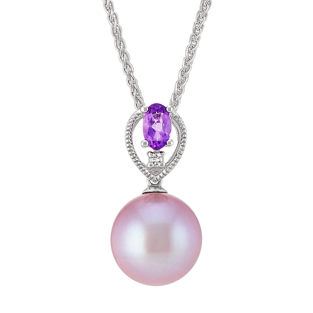 Lavender Freshwater Cultured Pearl and Oval Amethyst Pendant | Shane Co.