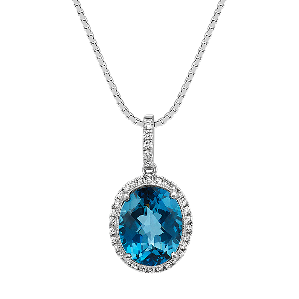 Monterey London Blue Topaz & Diamond Halo Pendant | Shane Co.