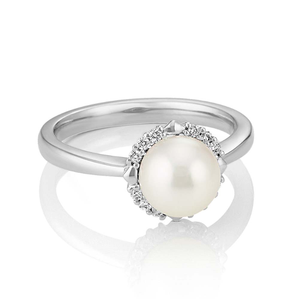 7mm Akoya Cultured Pearl and Diamond Halo Ring in 14k White Gold ...