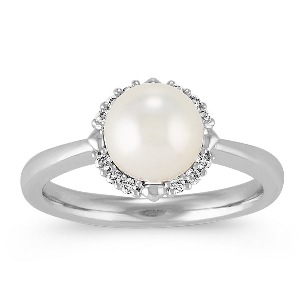 7mm Akoya Cultured Pearl and Diamond Halo Ring in 14k White Gold ...