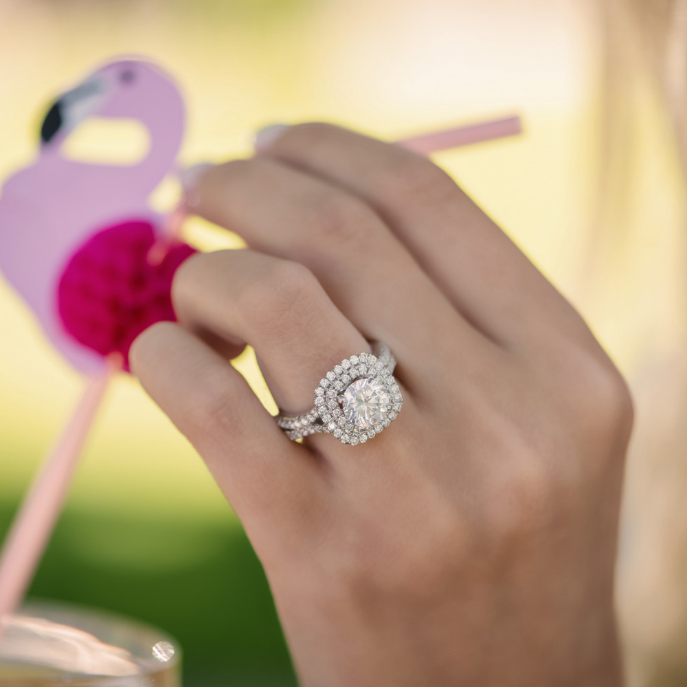 Double Cushion Halo Round Diamond Split Shank Engagement Ring | Shane Co.