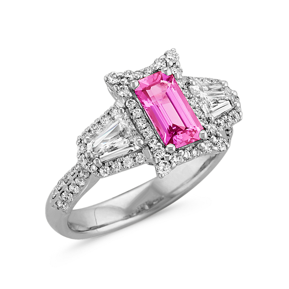 Emerald Cut Raspberry Sapphire, Shield-Shaped and Round Diamond Ring ...