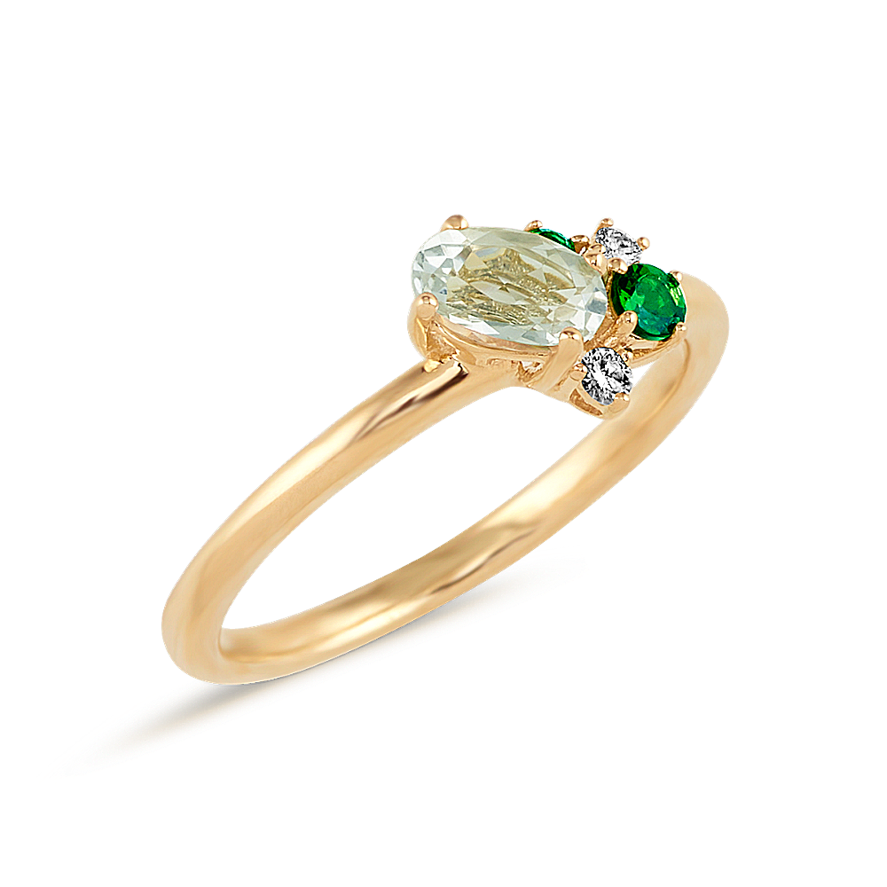 Oval Green Prasiolite, Tsavorite Garnet and Diamond Ring | Shane Co.