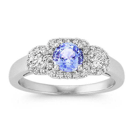Round Ice Blue Sapphire and Round Diamond Three-Stone Ring | Shane Co.