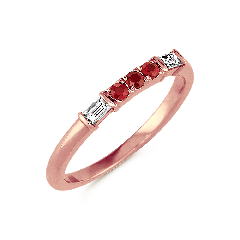 Round Ruby and Baguette Diamond Ring in 14k Rose Gold | Shane Co.