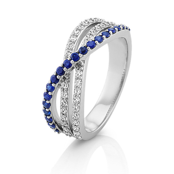 Round Sapphire and Diamond Crossover Ring in 14k White Gold | Shane Co.