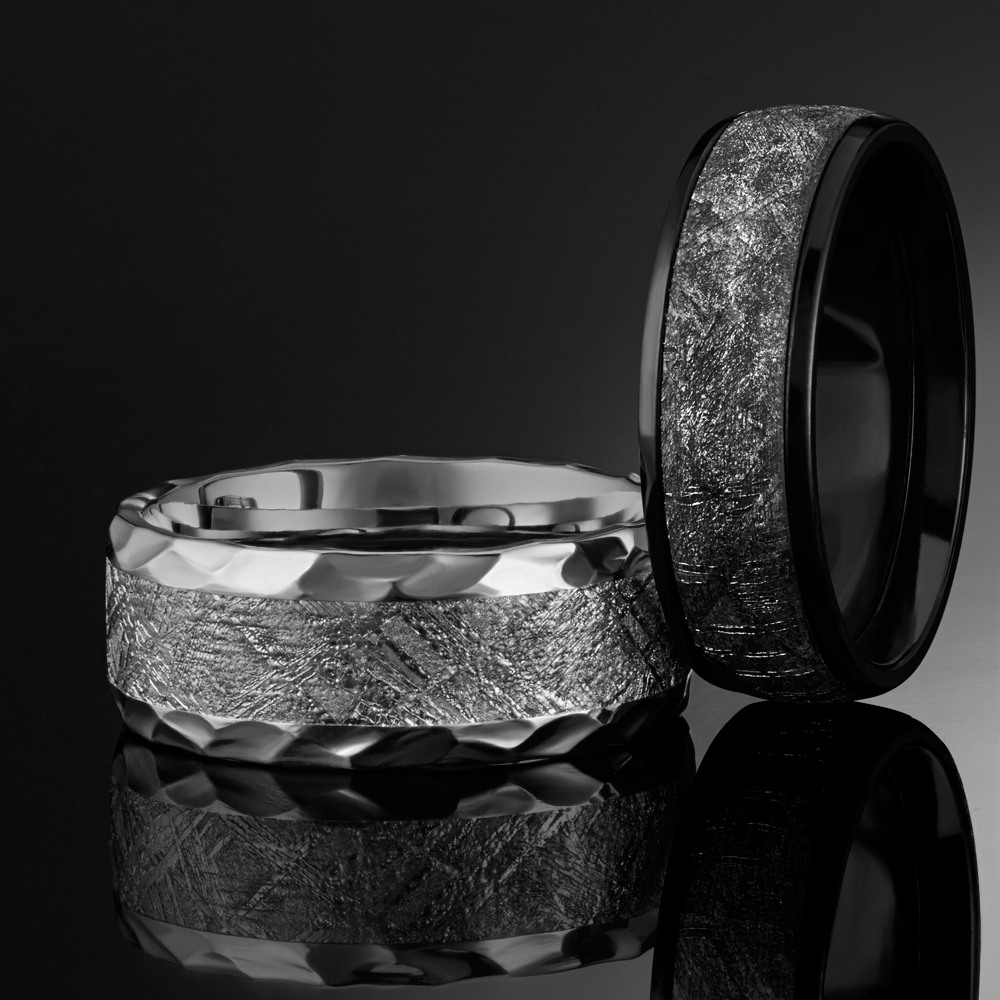 Textured Cobalt and Meteorite Mens Ring with Hammered Edge (9mm ...