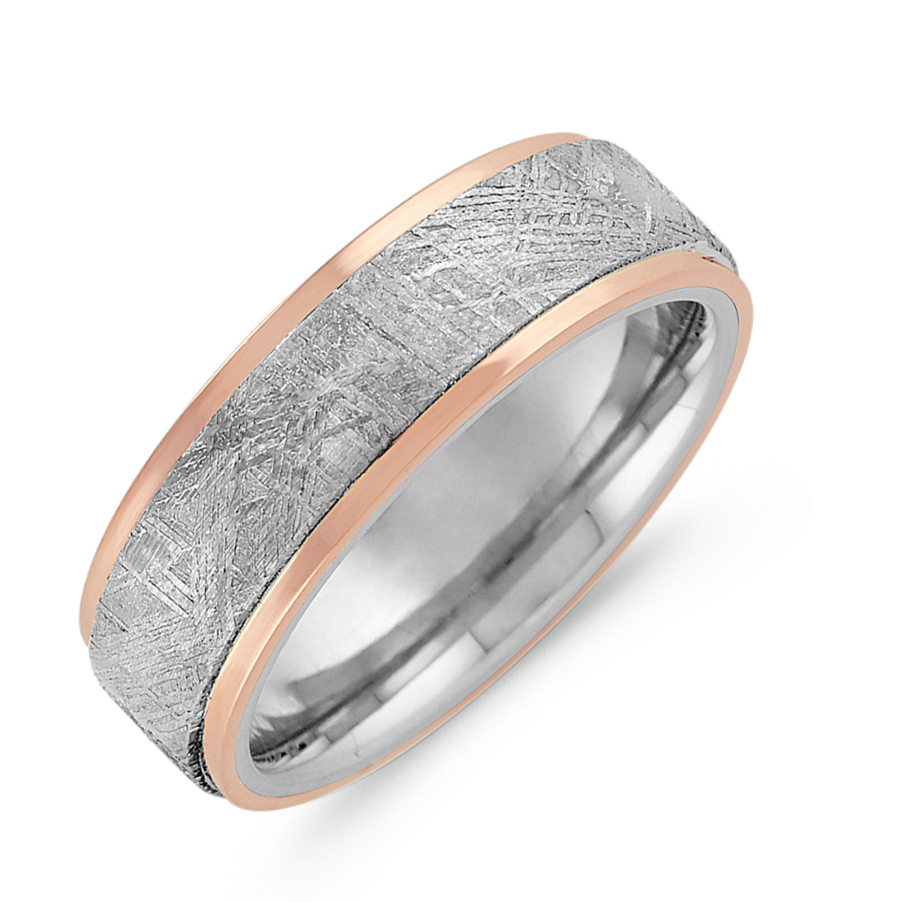 Textured Meteorite Cobalt and 14k Rose Gold Ring 7mm