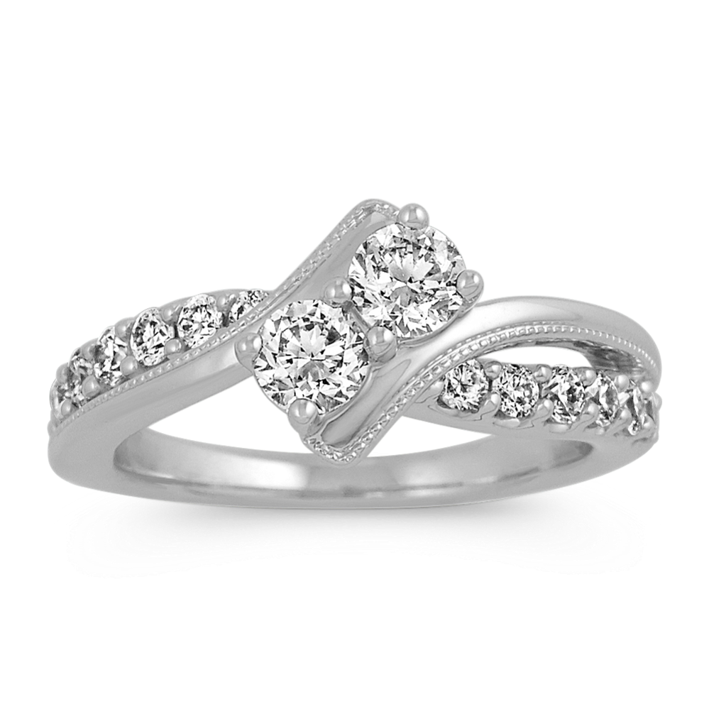 Two-Stone Round Diamond Ring with Milgrain Detailing in 14k White Gold ...