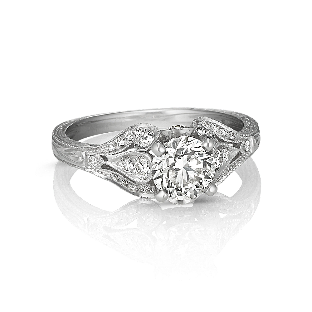 Vintage Cathedral Diamond Engagement Ring with Milgrain and Engraving ...