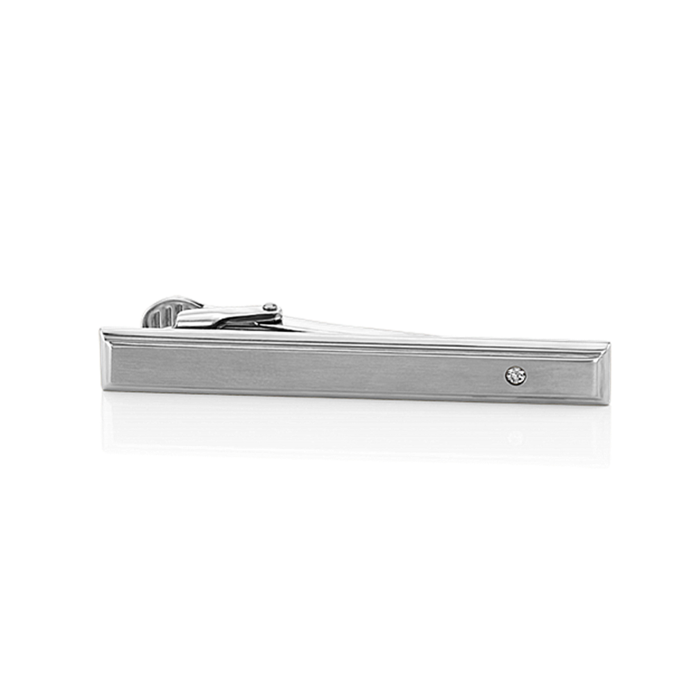 Round Diamond and Stainless Steel Tie Clip | Shane Co.